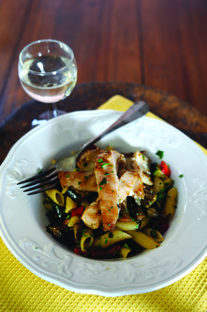 Penne with Mediterranean vegetables and grilled chicken
